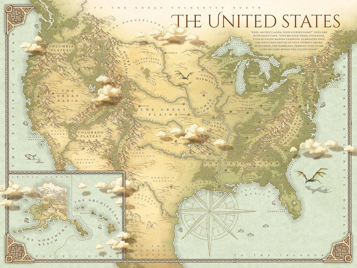Fantasy Map of USA - Map of America - Light Fantasy American Poster ...