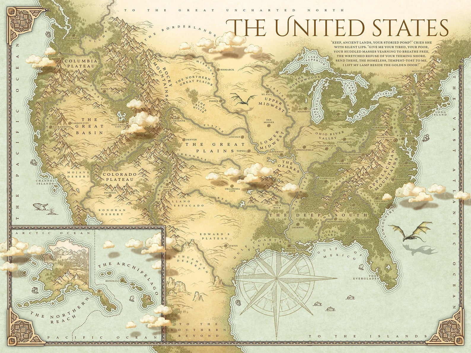 Fantasy Map of USA - Map of America - Light Fantasy American Poster ...