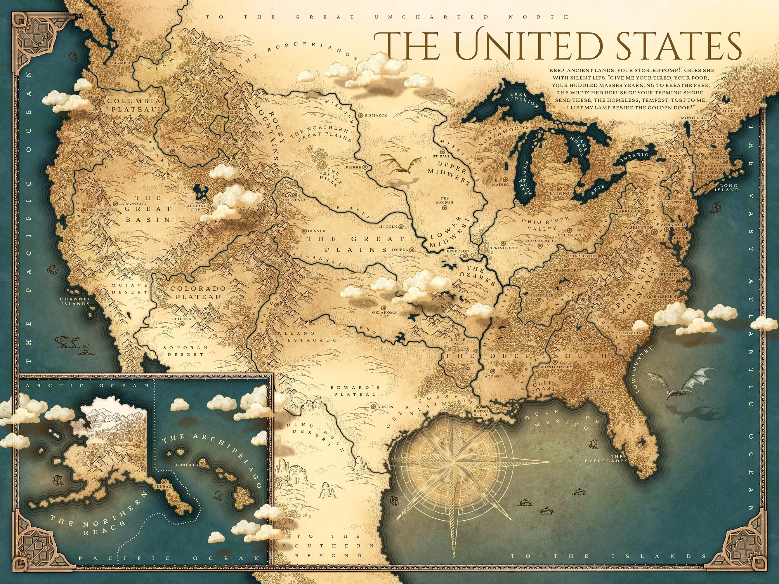 Dark Fantasy USA Map - Map of American State Capitals, Fantasy America ...