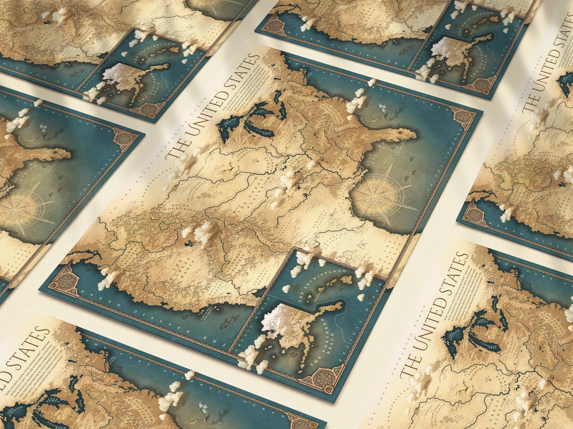 Dark Fantasy USA Map - Map of American State Capitals, Fantasy America ...