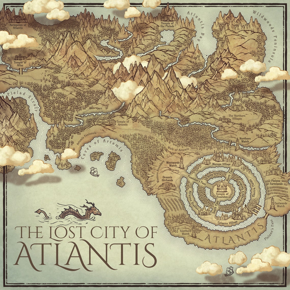 Atlantis Map Print Digital Download Atlantis art Square | Etsy