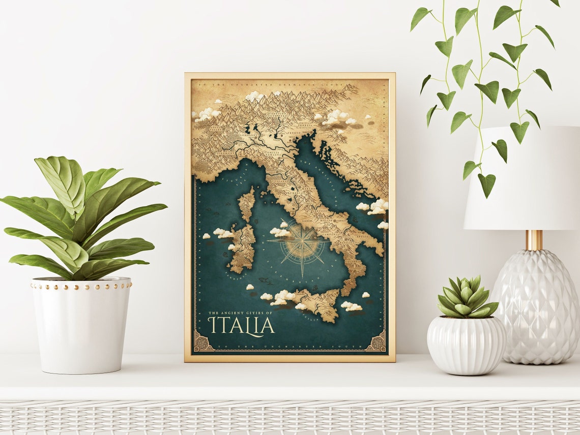 Italy Map - Dark Fantasy Style Map of Italia - Map of Italy Poster ...