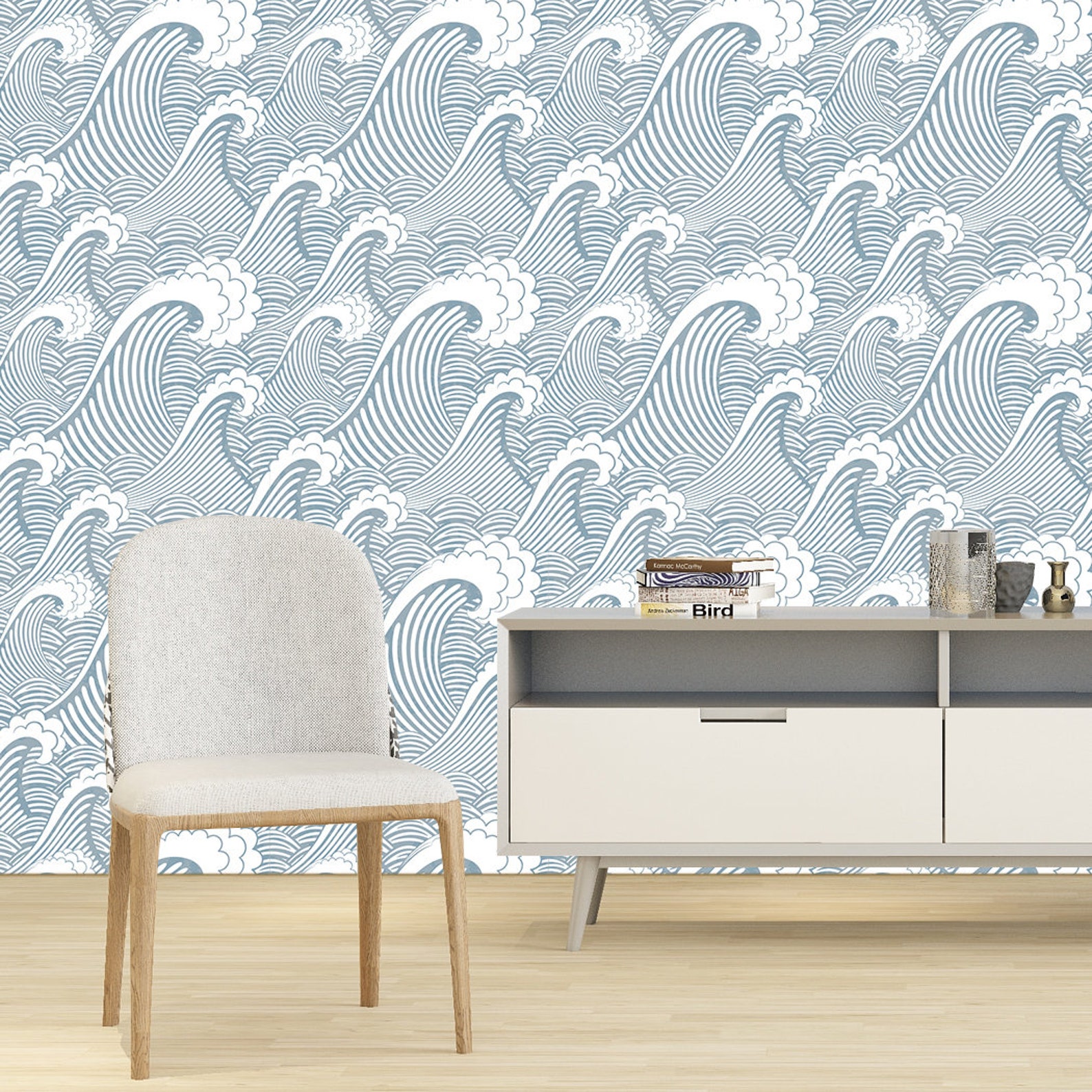 Japanese Style Blue Waves Peel and Stick Wallpaper Home Decor | Etsy