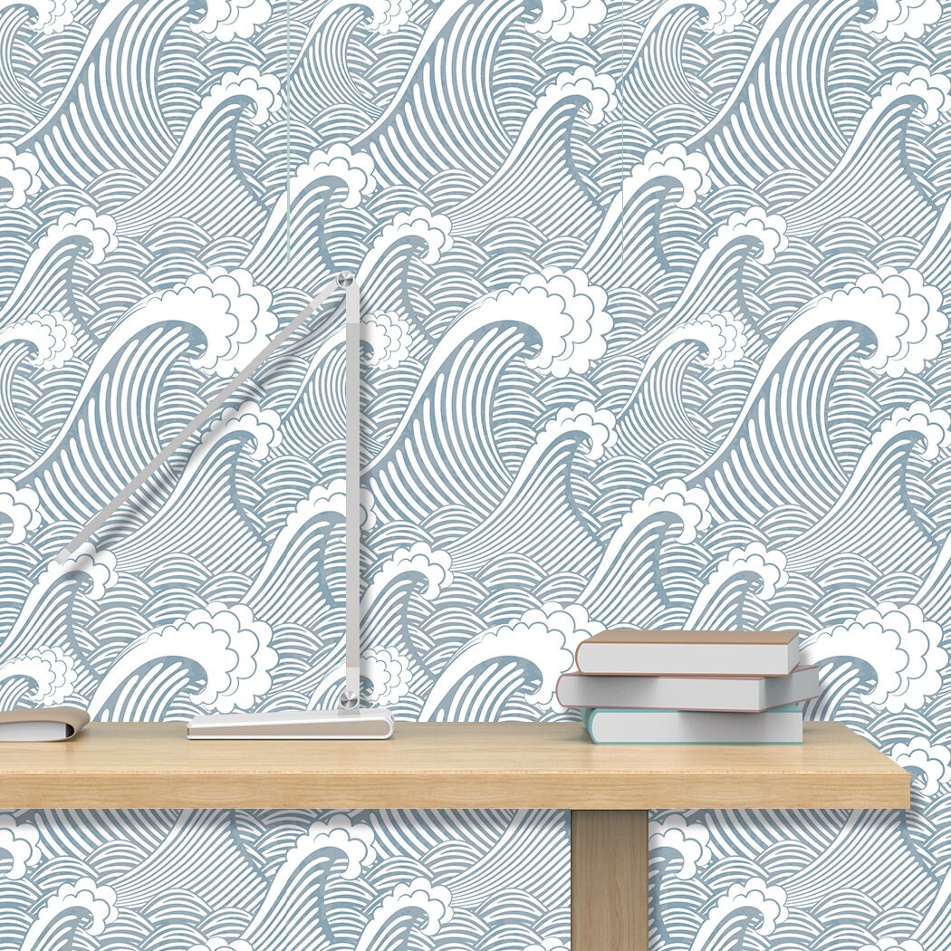 Japanese Style Blue Waves Peel and Stick Wallpaper Home Decor | Etsy