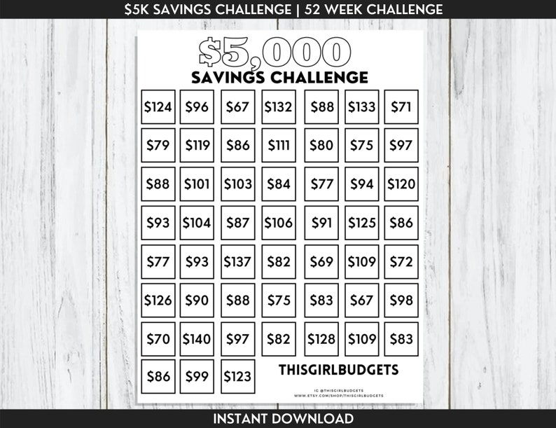 5K Savings Challenge Printable 52 Week Savings Challenge | Etsy