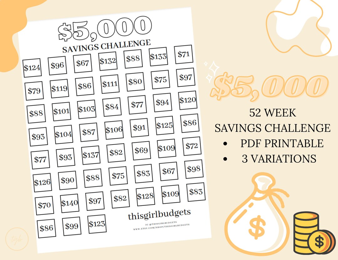 5K Savings Challenge Printable | 52 Week Savings Challenge + Tracker - Etsy