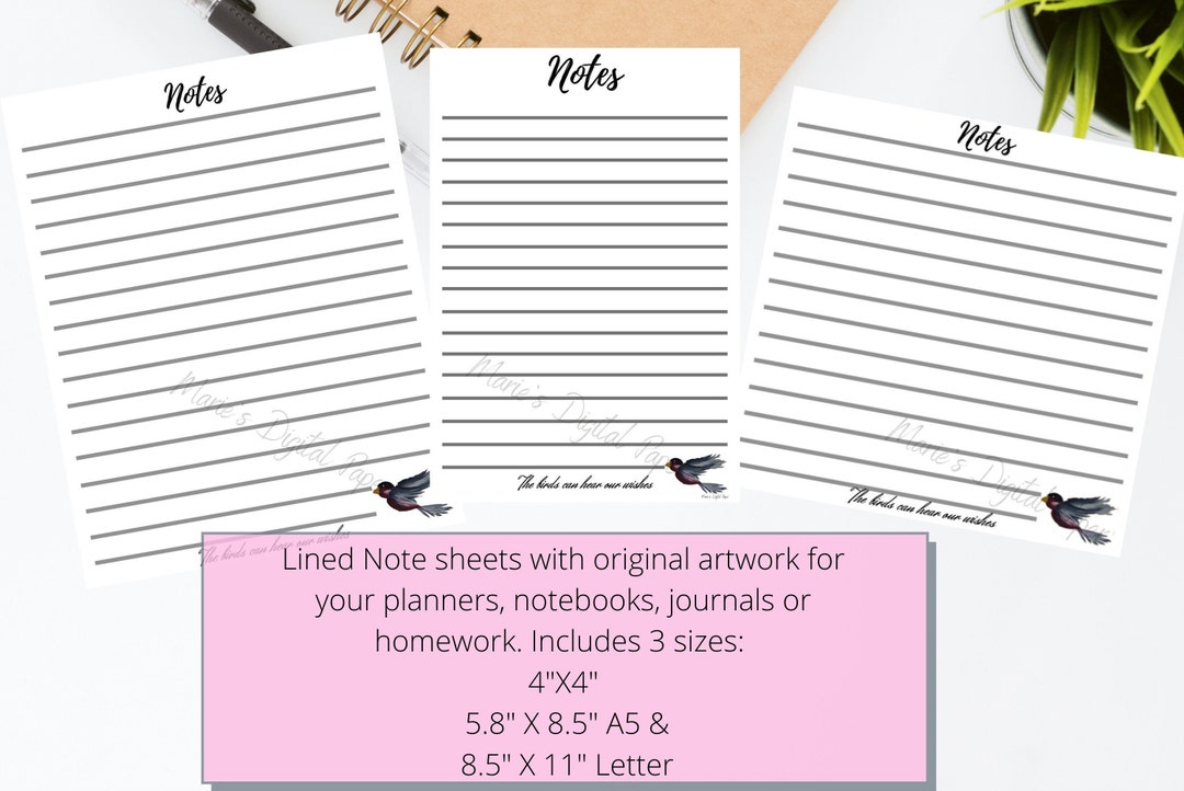 Bird Themed Note Pages Printable, Lined Pages, Planner, Notebooks ...