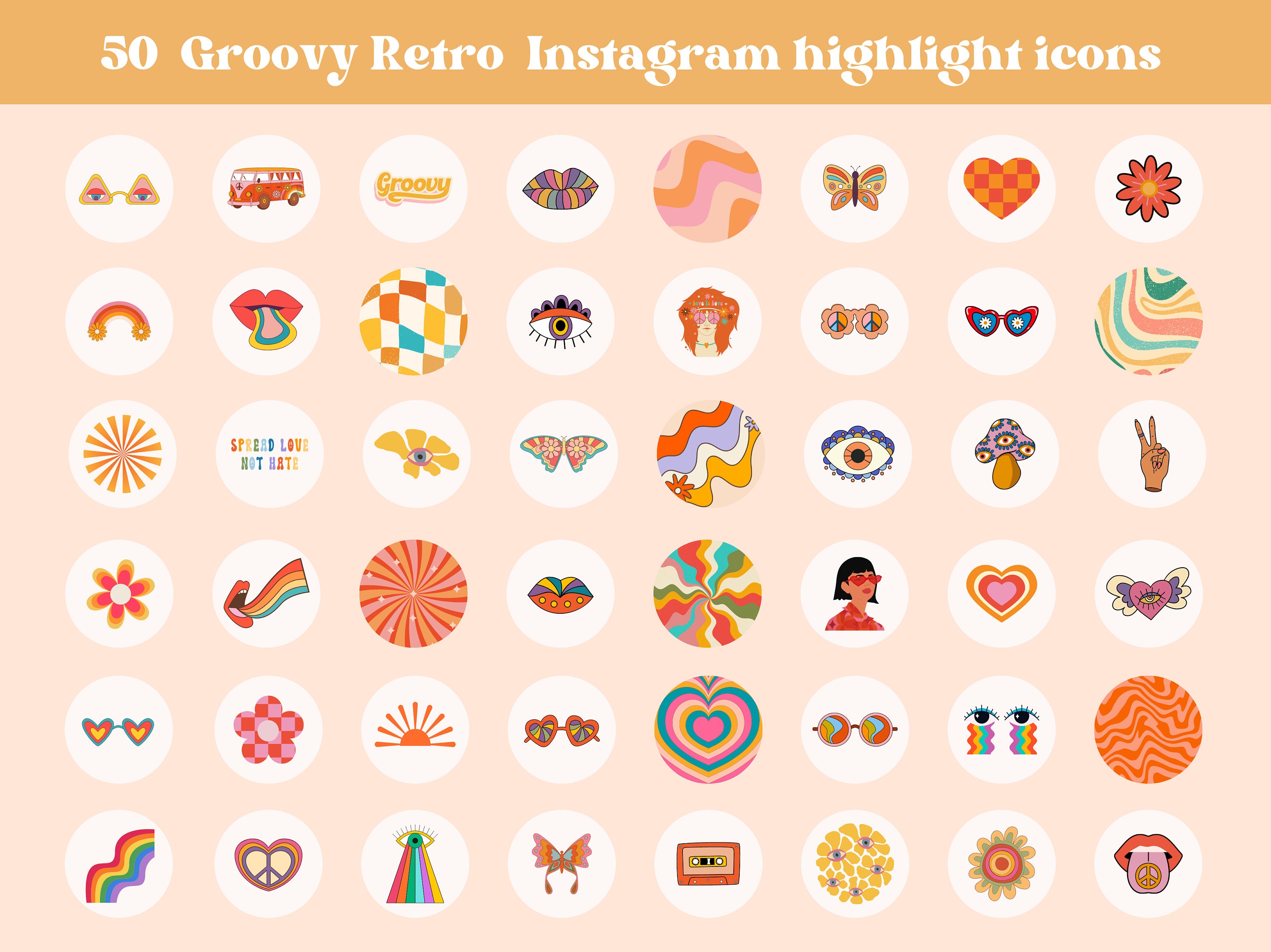 50 Retro Instagram Highlight Cover Icons Groovy Highlight Covers Pink ...