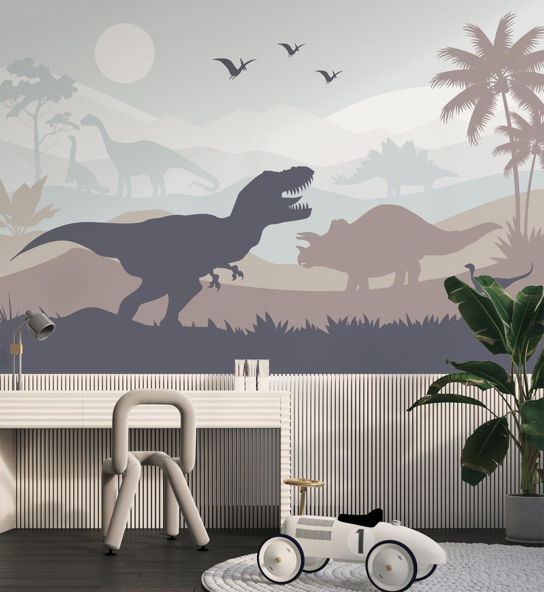 Dinosaur Wallpaper, Prehistoric Landscape Wall Art for Kids Room ...