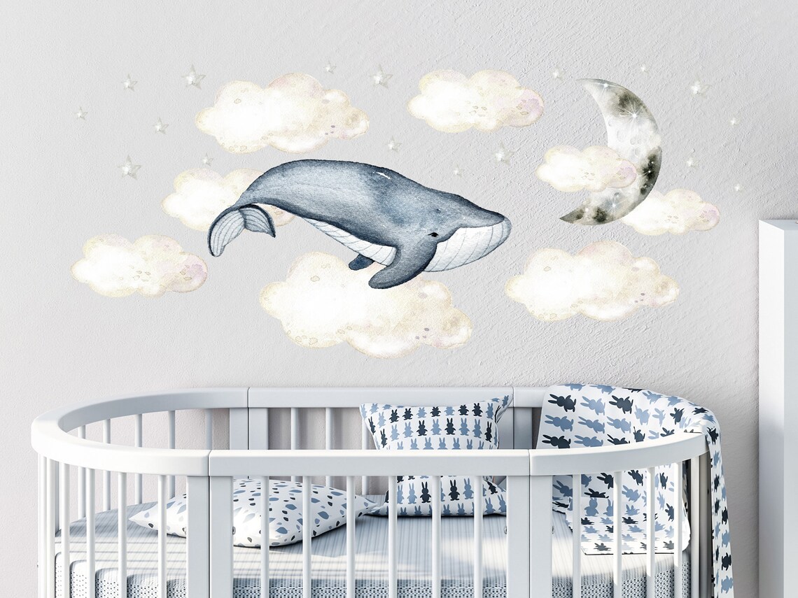 Watercolour Whale Wall Decal Kids Nursery Moon Clouds Stars - Etsy