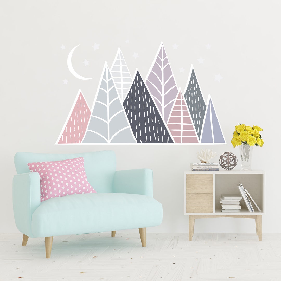 Cute Mountain Wall Decal for Girl Nursery, Pastel Kids Room Sticker ...