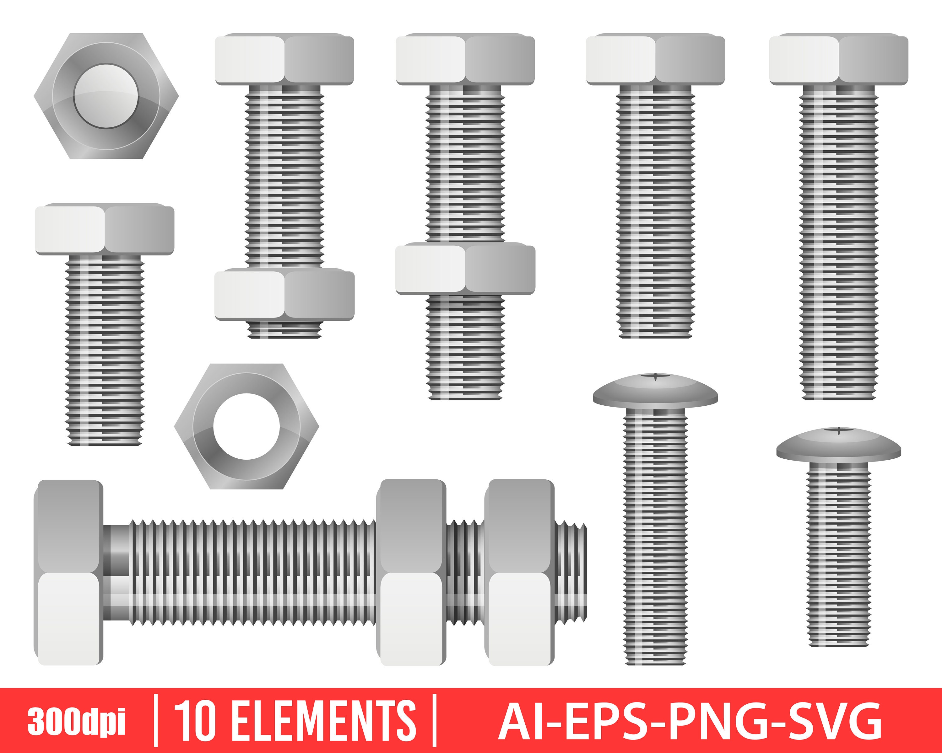Hex Bolt Clipart Vector Design Illustration. Hex Bolt Set. - Etsy