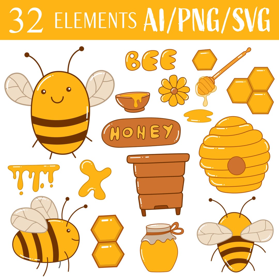 Cute Bee Art Honey Vector Pack Digital Clipart Set Adorable Bumblebee ...