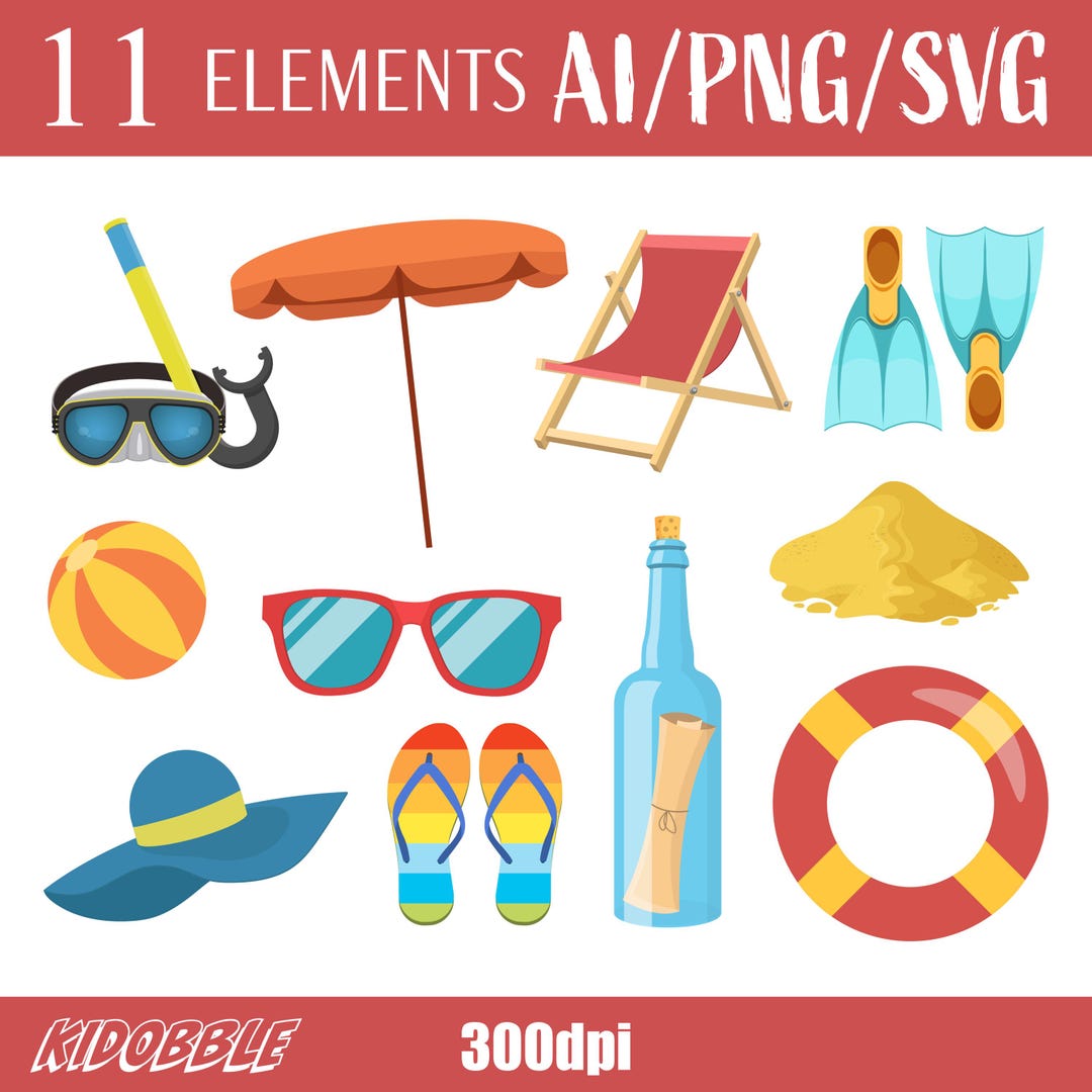 Beach Elements Vector Tropical Summer Clipart Ocean Waves Illustration ...