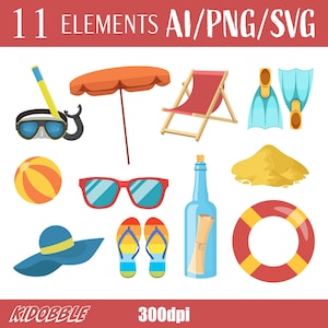 Beach Elements Vector Tropical Summer Clipart Ocean Waves Illustration ...