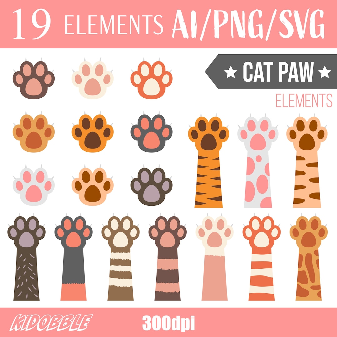 Set of Cat Paw Cute Feline Prints Soft Animal Stamps Digital Clipart ...