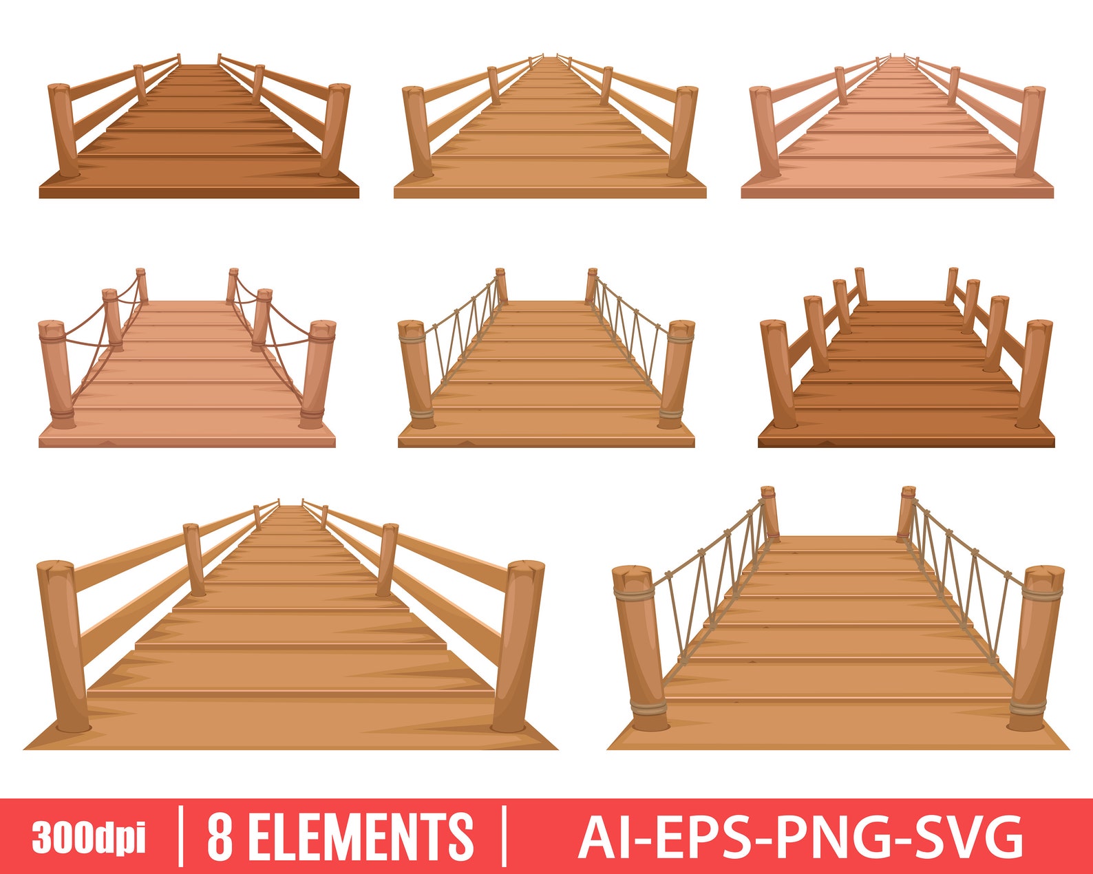 Wooden Bridge Clipart Vector Design Illustration. Wooden Bridge Set ...
