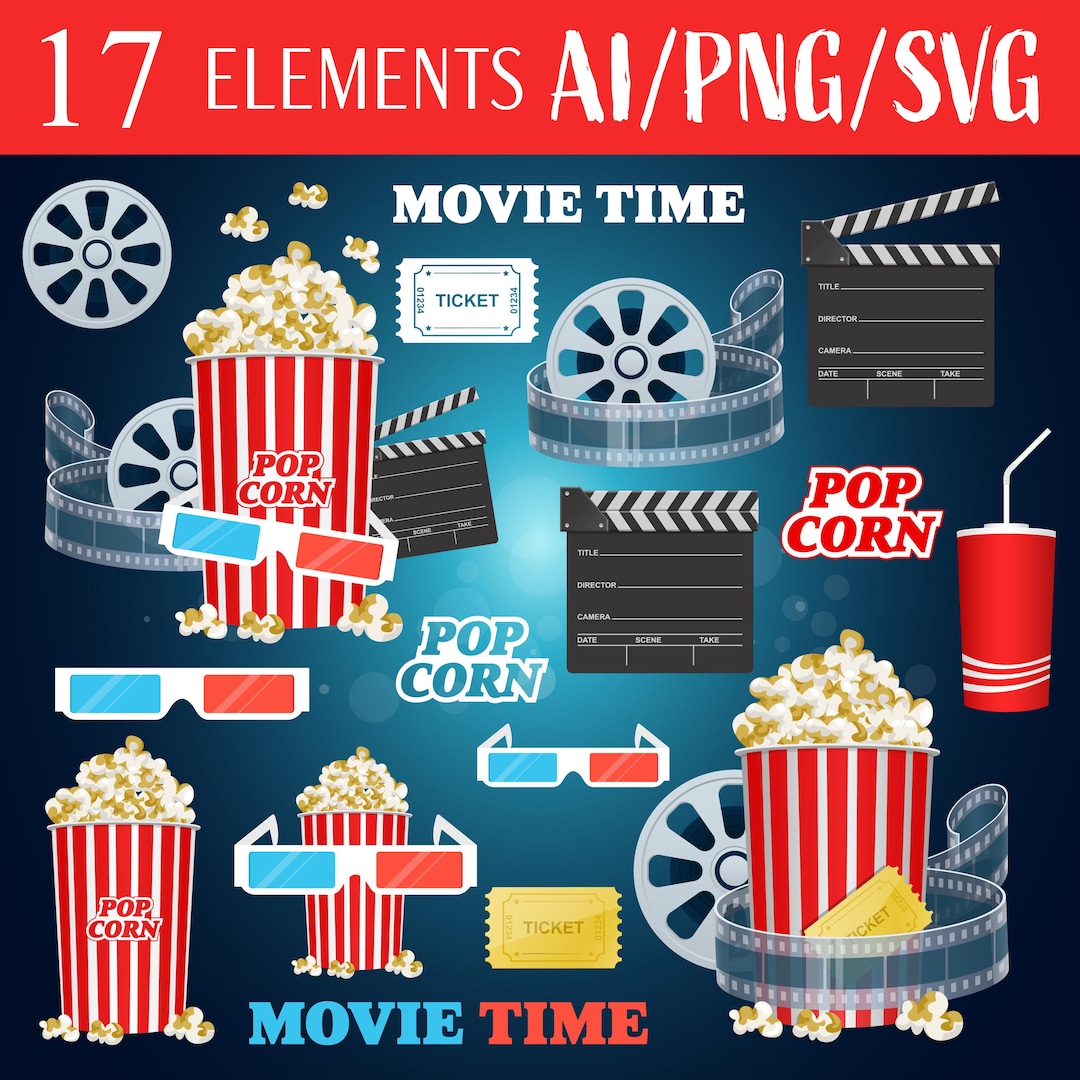 Movie Time Cinema Entertainment Film Reel Vector Art Popcorn Ticket ...