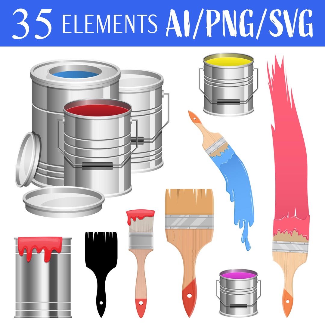 Paint Brush and Can Artistic Tools DIY Painting Kit Digital Vector Art ...