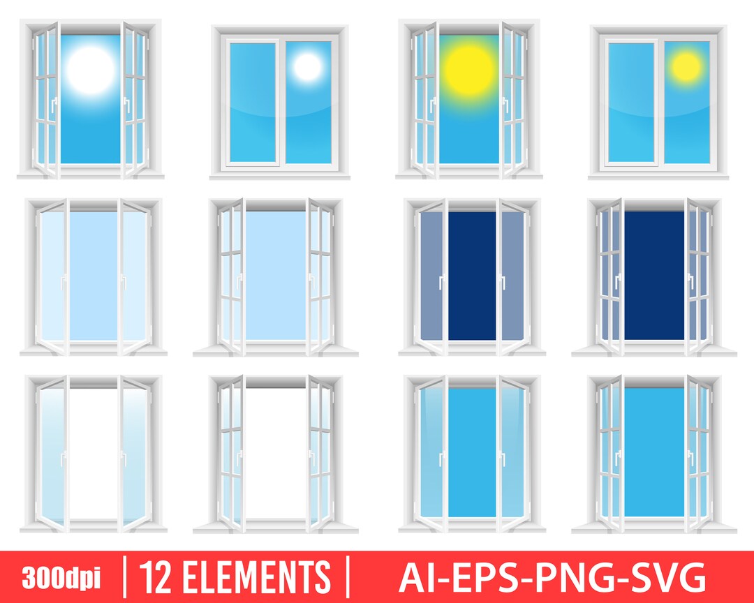 Transparent Windows and Sunny Sky Clipart Vector Design Illustration ...