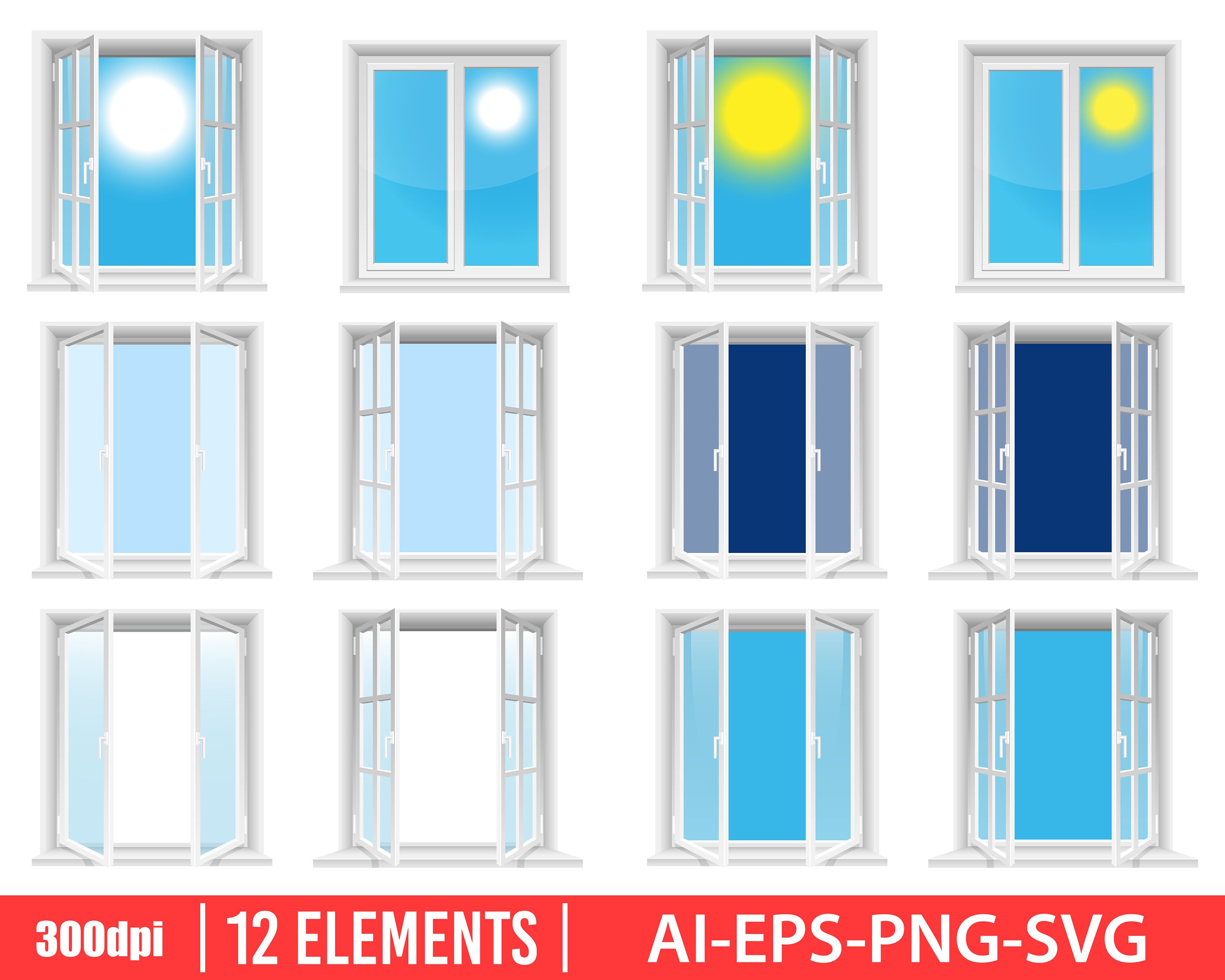 Transparent Windows and Sunny Sky Clipart Vector Design | Etsy