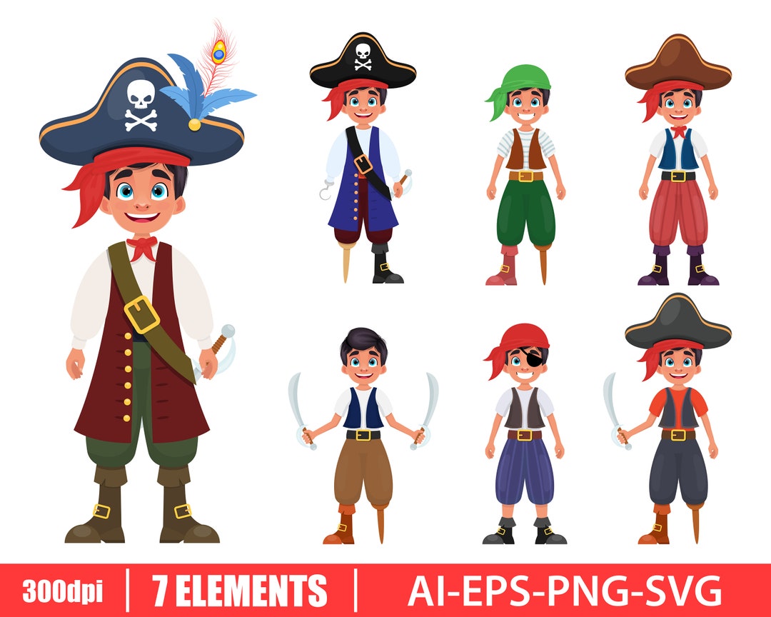 Pirate Boy Clipart Vector Design Illustration. Pirate Boy Set. Vector ...