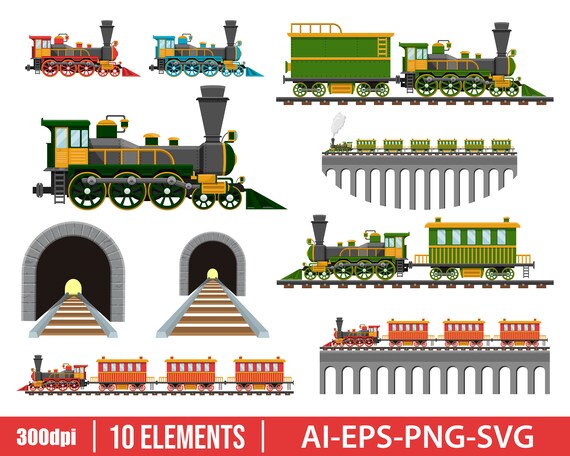 Vintage Train on Railroad Clipart Vector Design Illustration. | Etsy
