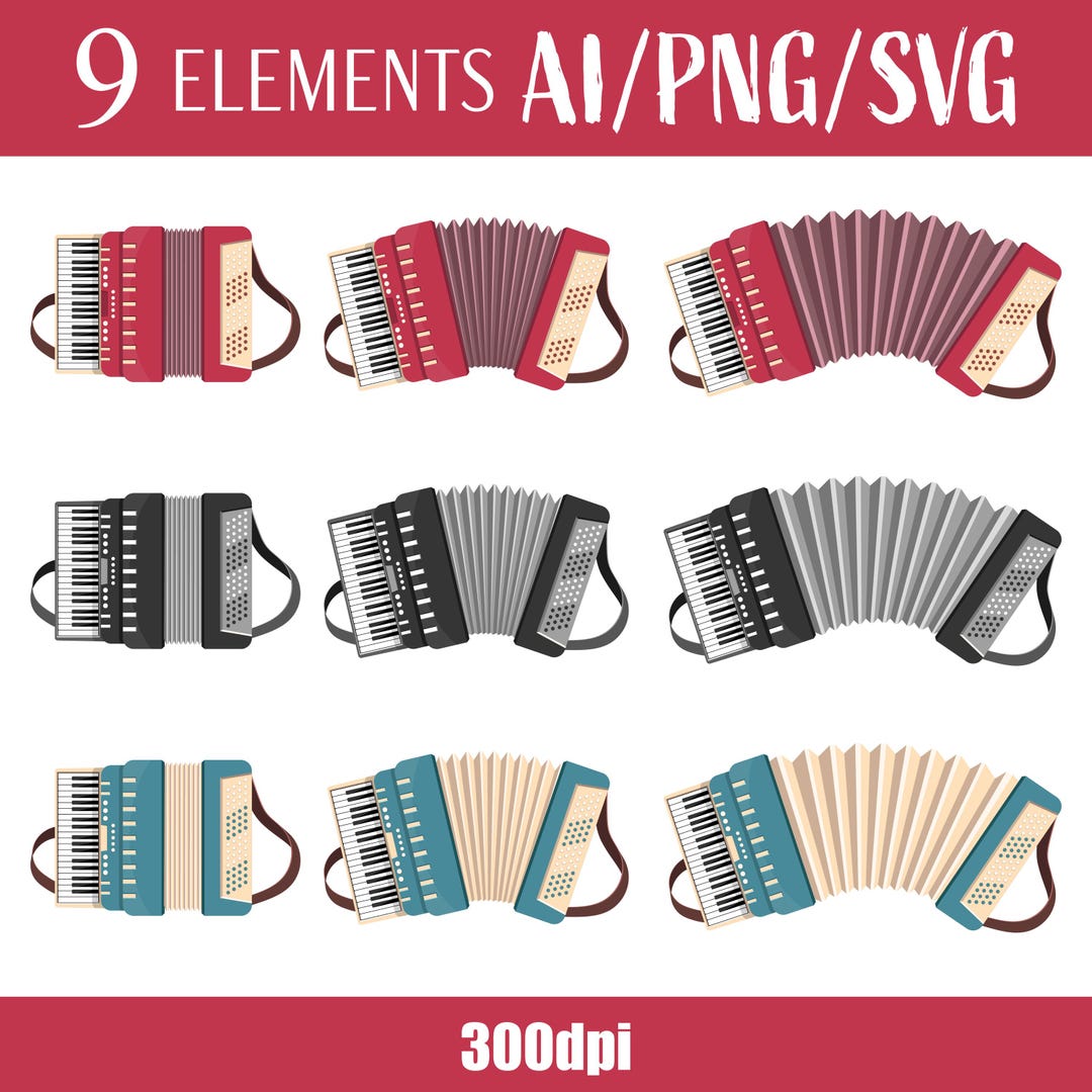 Accordion Set Musical Instrument Bellows Sound Vector Art Traditional ...