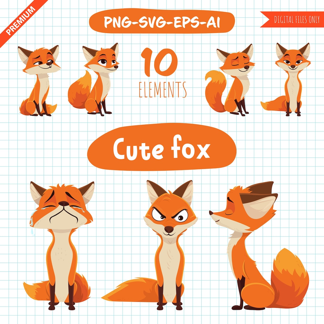 Adorable 2D Flat Design Fox Digital Files Cute Printable Fox Clipart ...