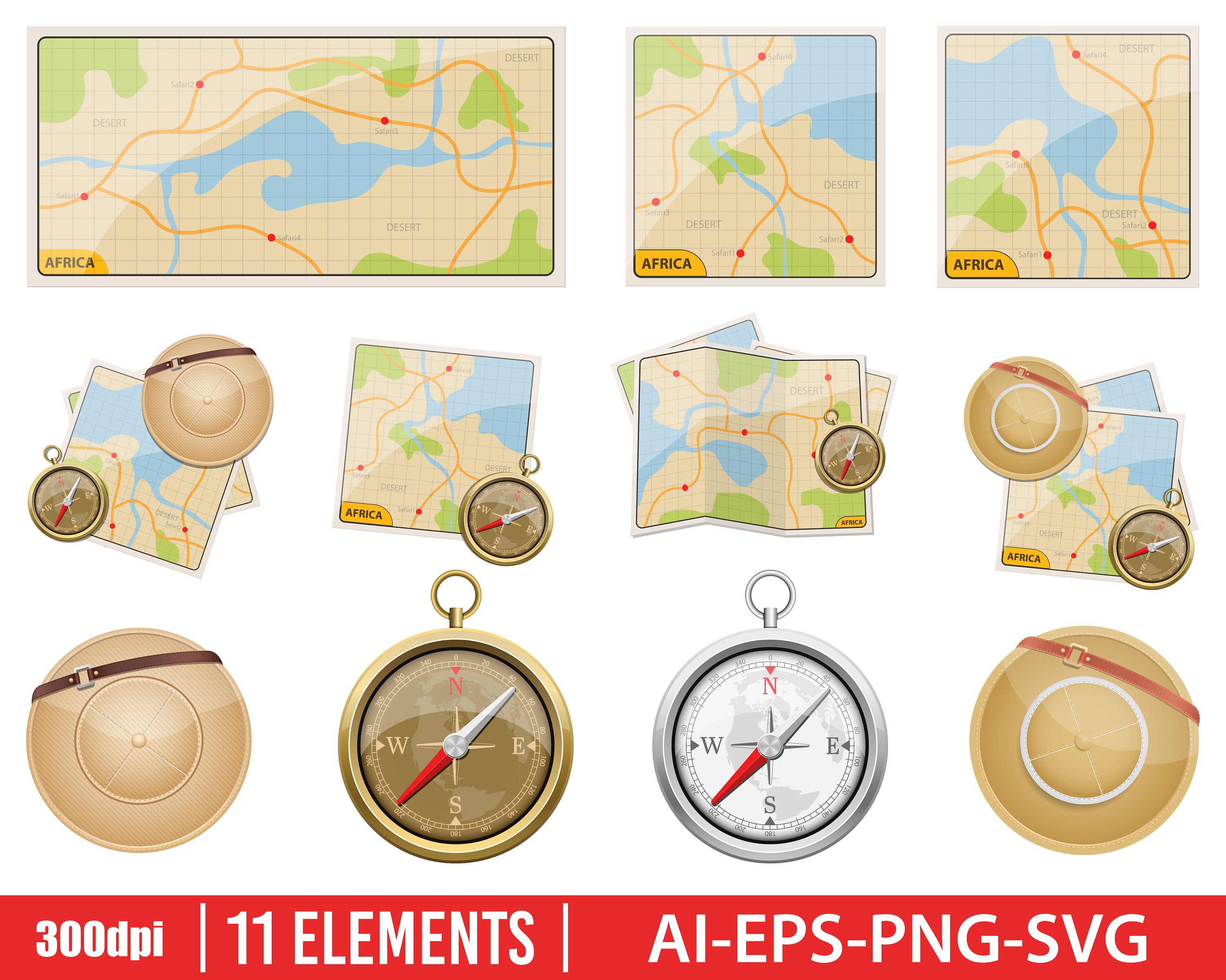 Africa Safari Map, Hat and Compass Clipart Vector Design Illustration ...