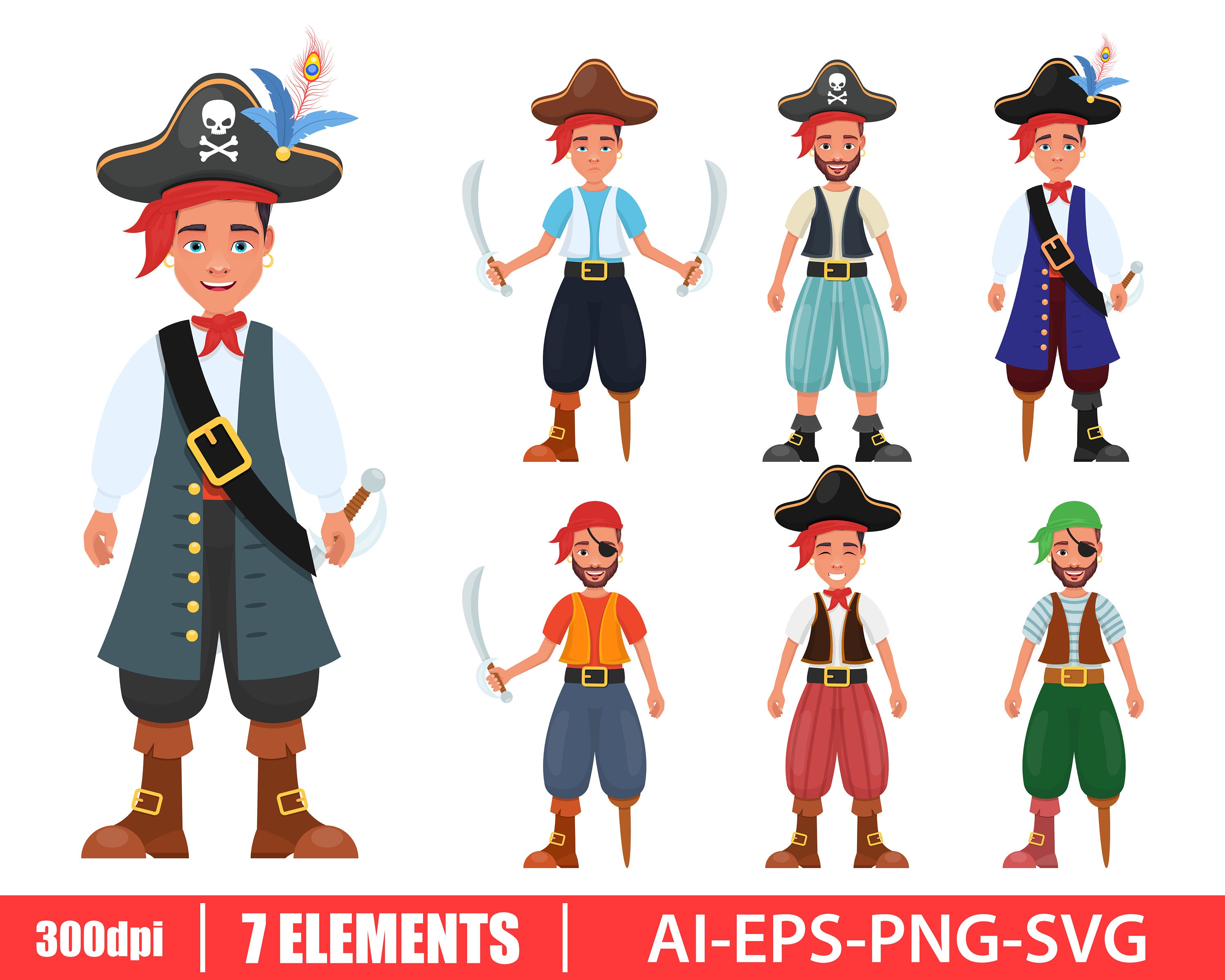 Pirate man clipart vector design illustration. Pirate man set. | Etsy