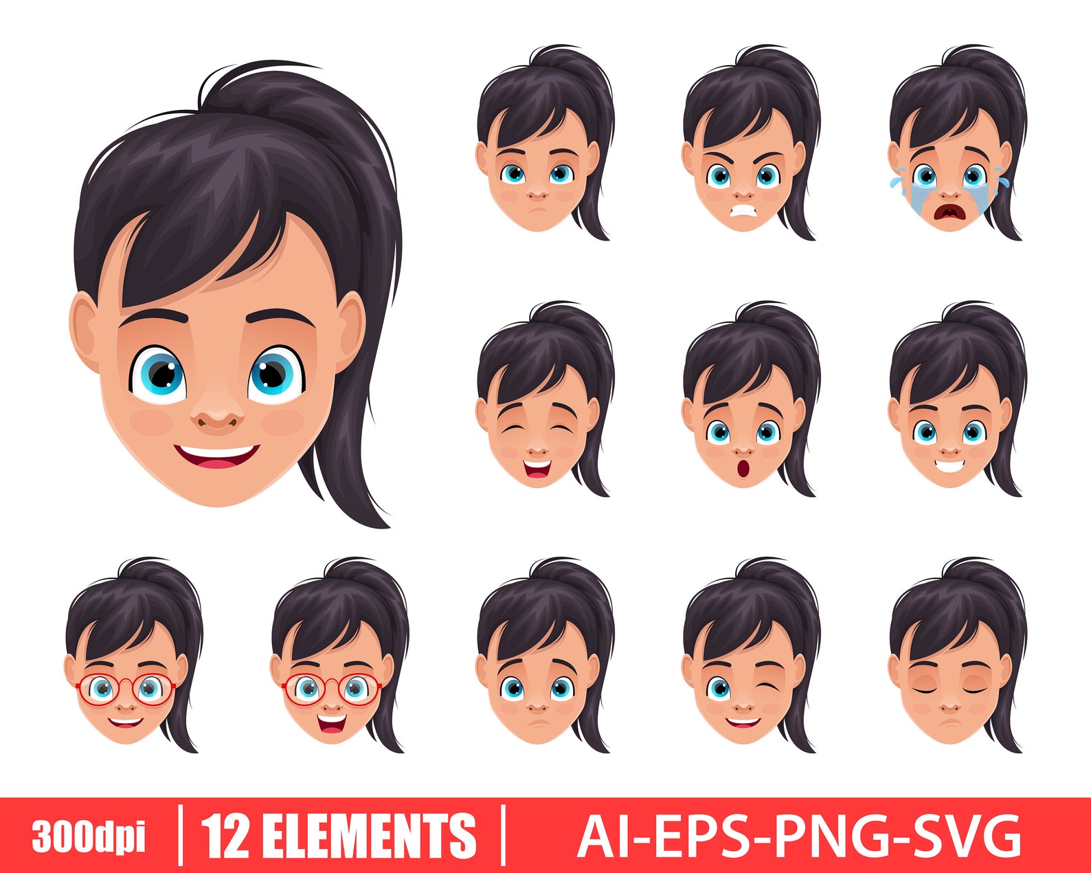 Little Girl Face Expressions Clipart Vector Design - Etsy