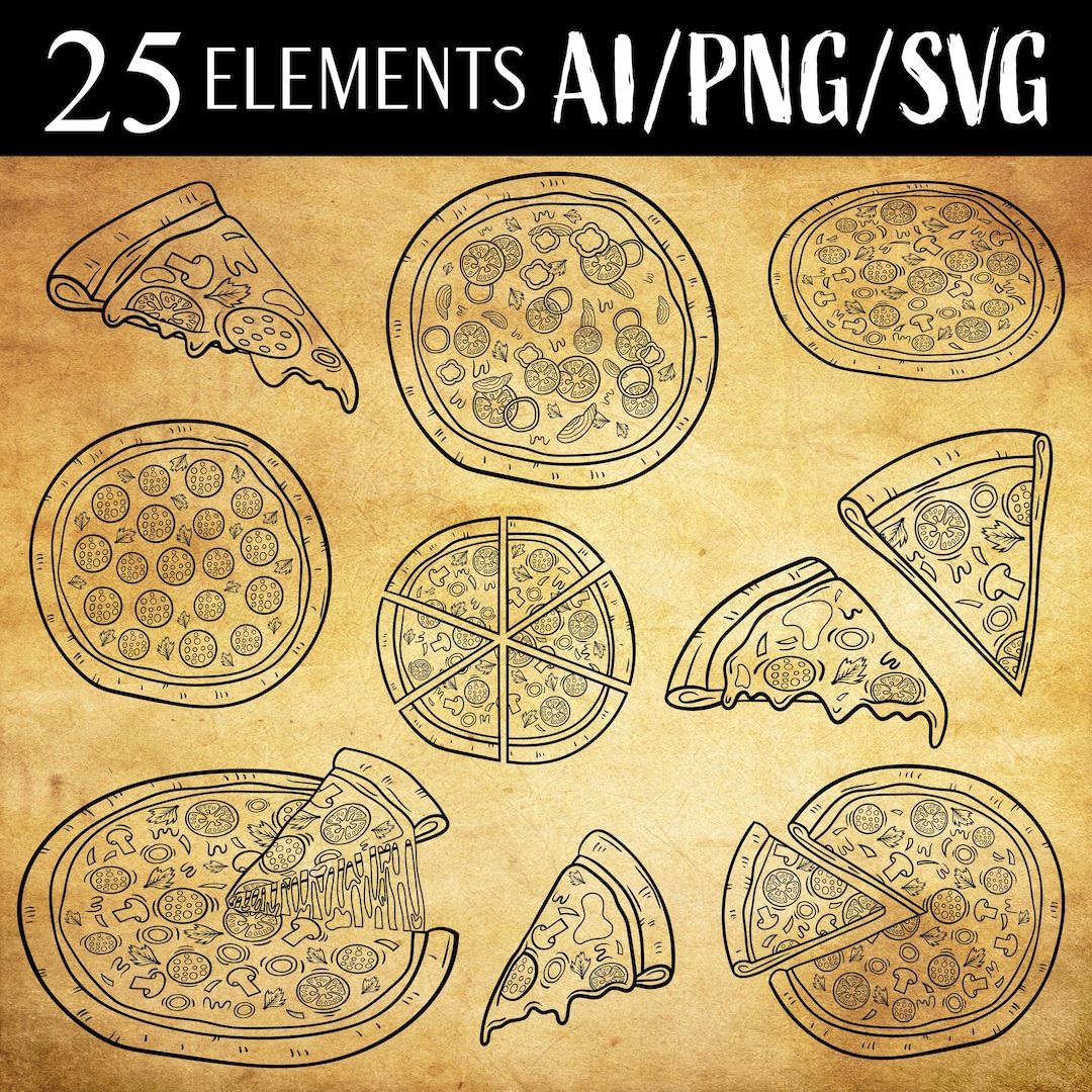 Pizza Line Art Clipart Vector Illustration Digital Design Food Graphics ...