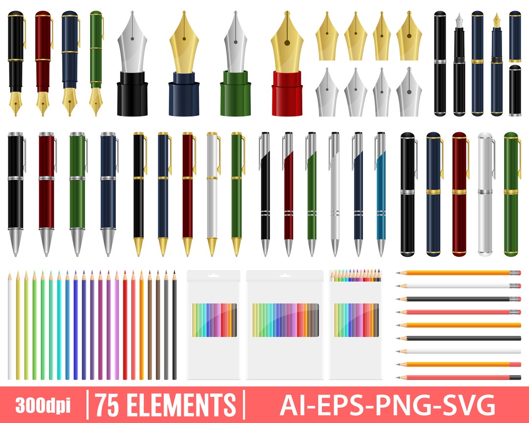 Collection of Pen Pencil Colored Pencil Fountain Pen Clipart Digital ...