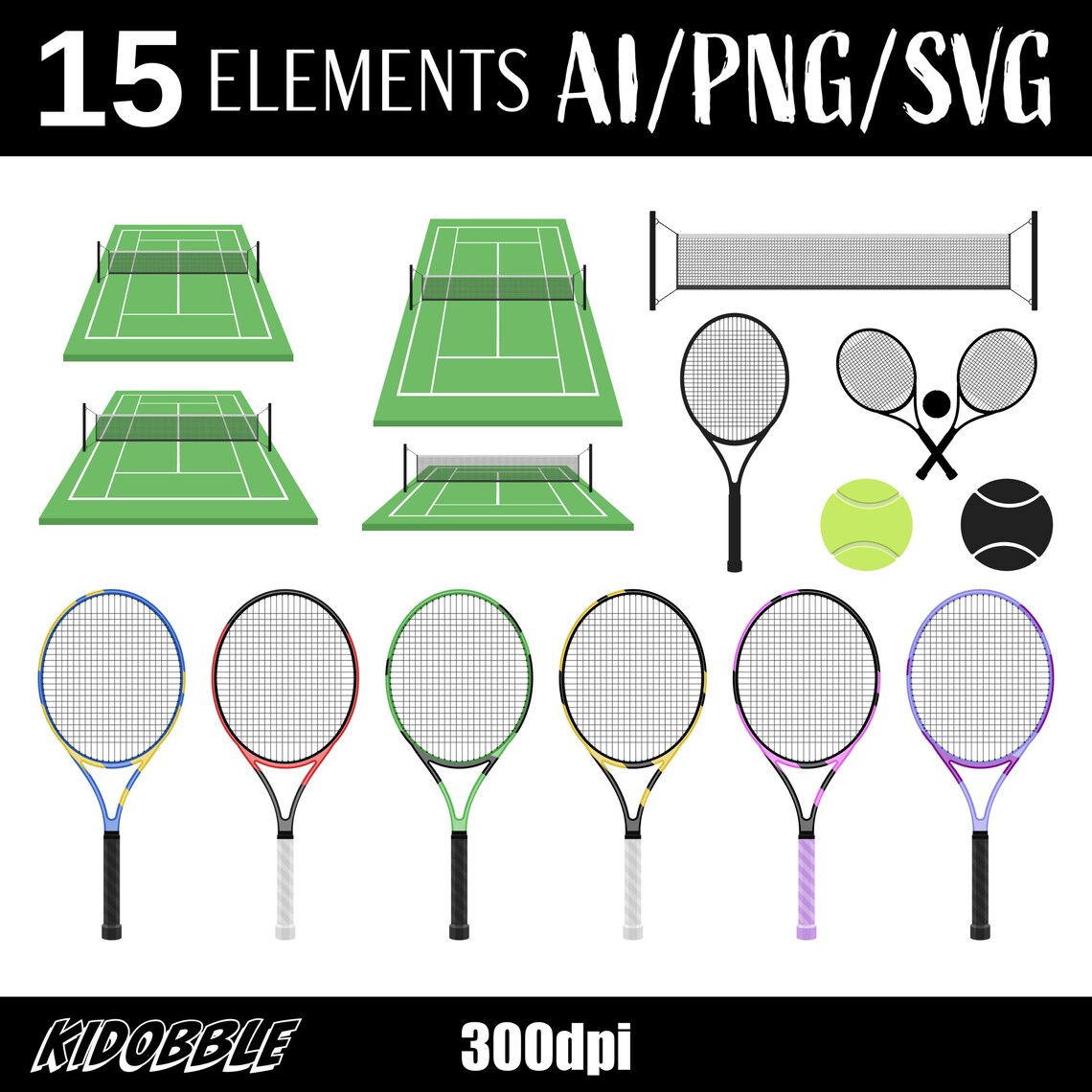 Tennis Racket and Field Clipart Vector Sports Equipment Illustration ...
