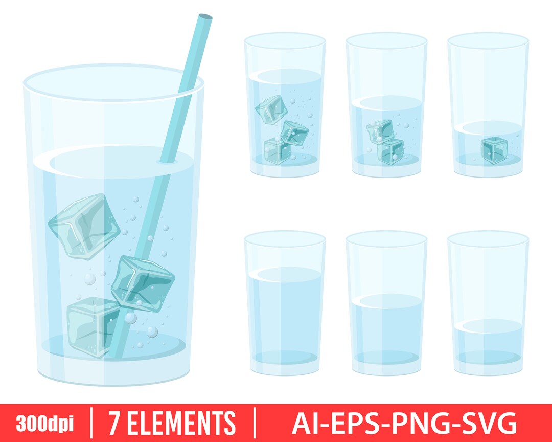 Glass of Water With Ice Cubes Clipart. Water With Ice Set. Vector ...