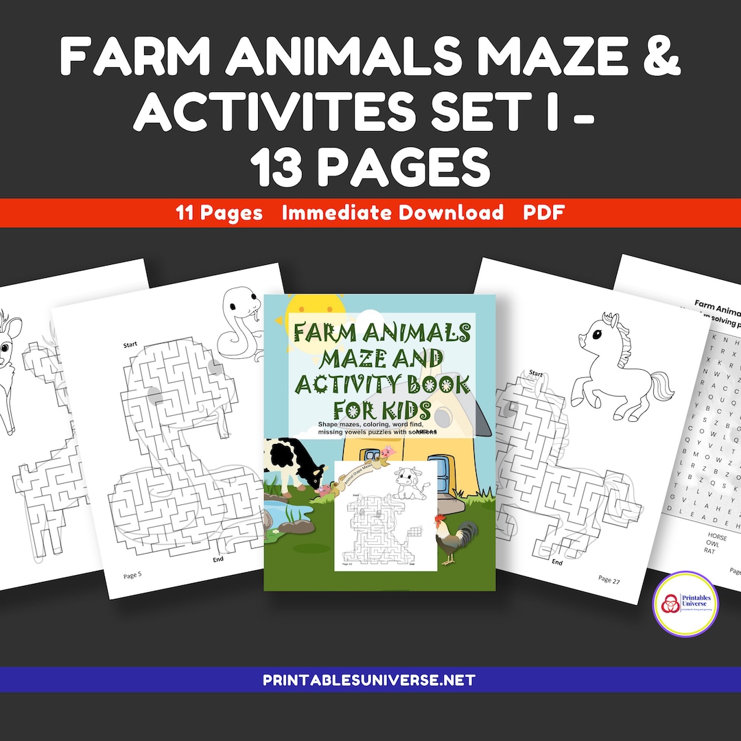 Farm Animals Maze and Activity Printables-a, Shape Mazes, Coloring ...