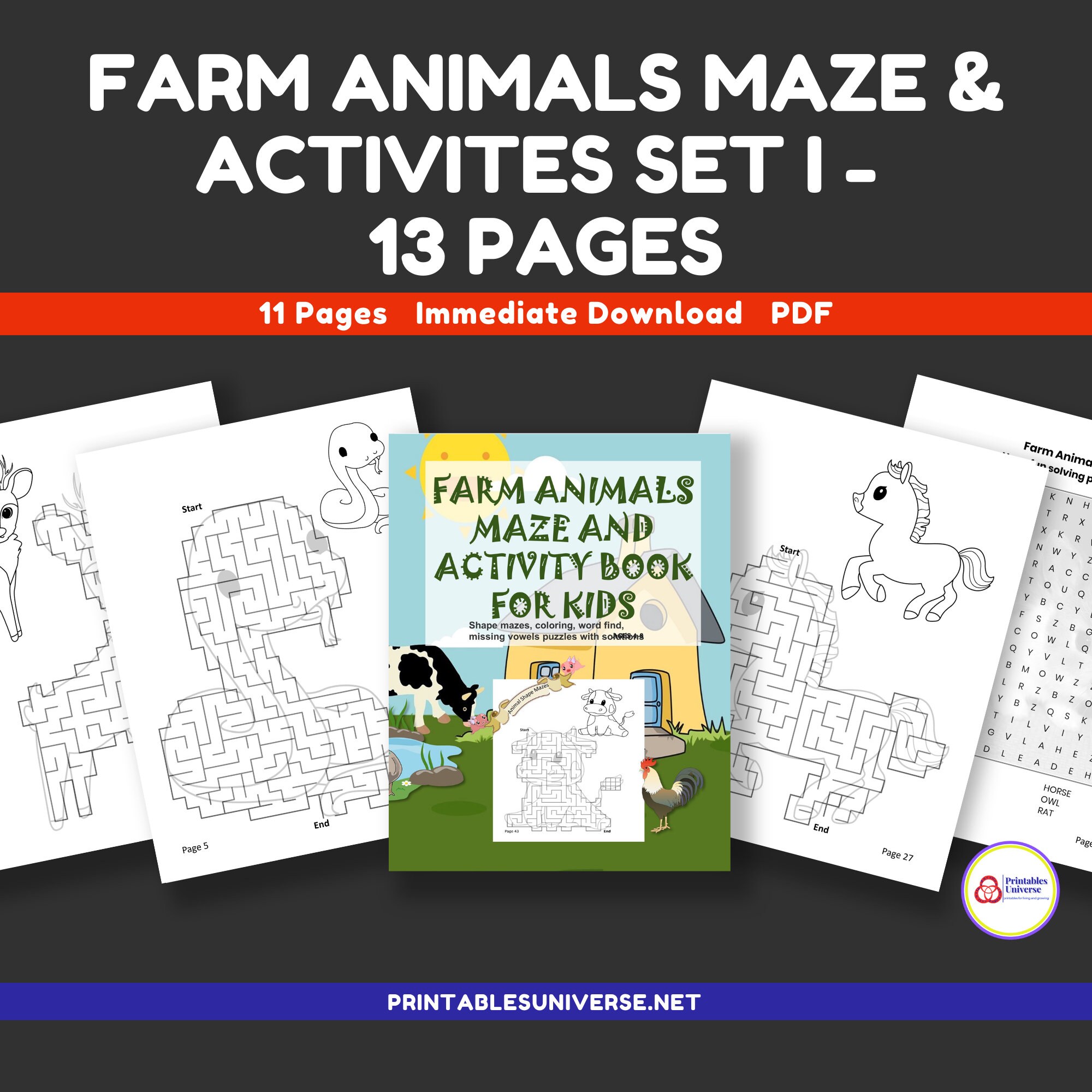 Farm Animals Maze and Activity Printables-a, Shape Mazes, Coloring ...