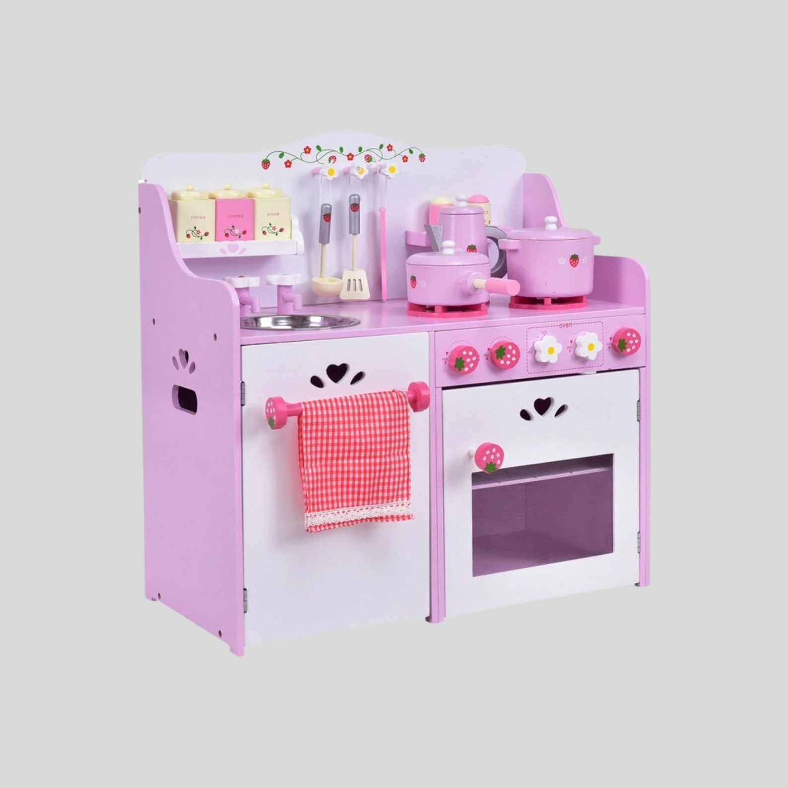 Pretend Play Kitchen, Wood Kids Kitchen Playstand With 13 Kitchen Toys ...