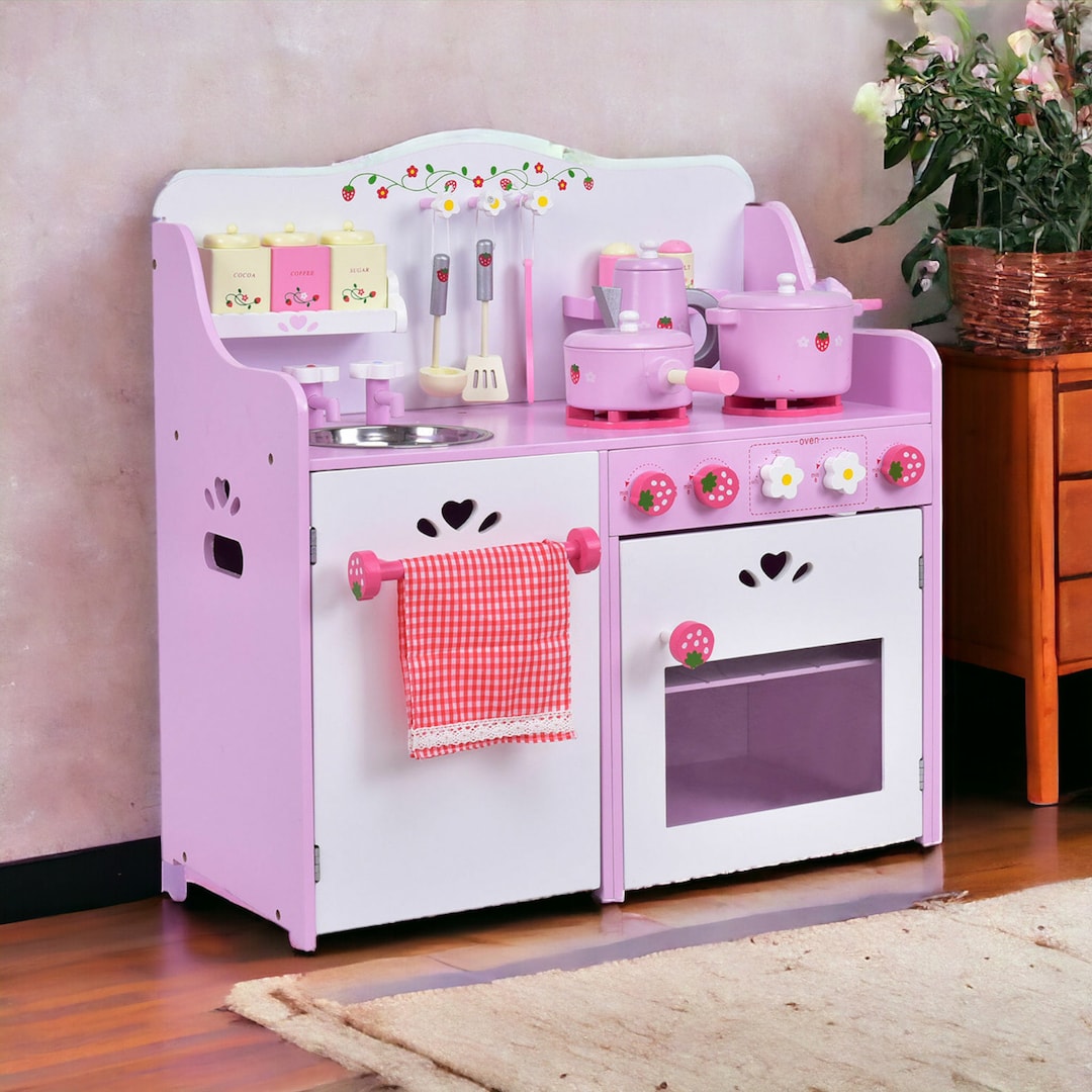 Pretend Play Kitchen, Wood Kids Kitchen Playstand With 13 Kitchen Toys ...