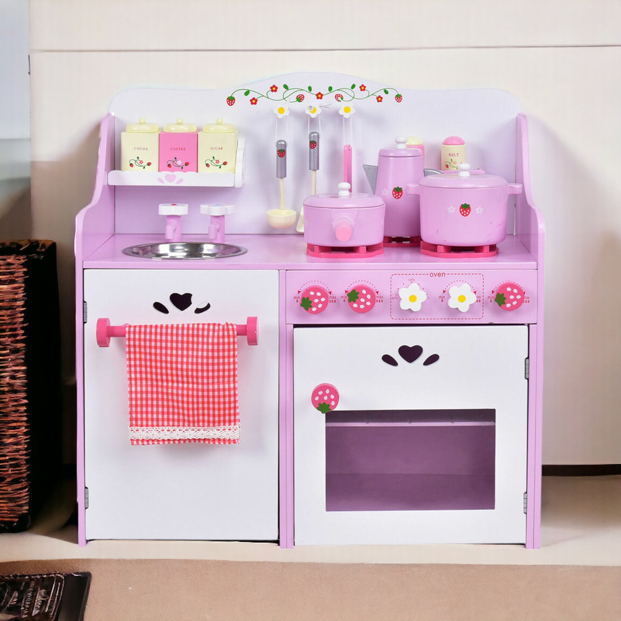 Pretend Play Kitchen, Wood Kids Kitchen Playstand With 13 Kitchen Toys ...
