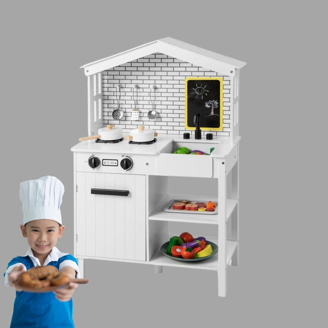 Kids Pretend Play Kitchen, Wood Farmhouse Kitchen Playstand With ...