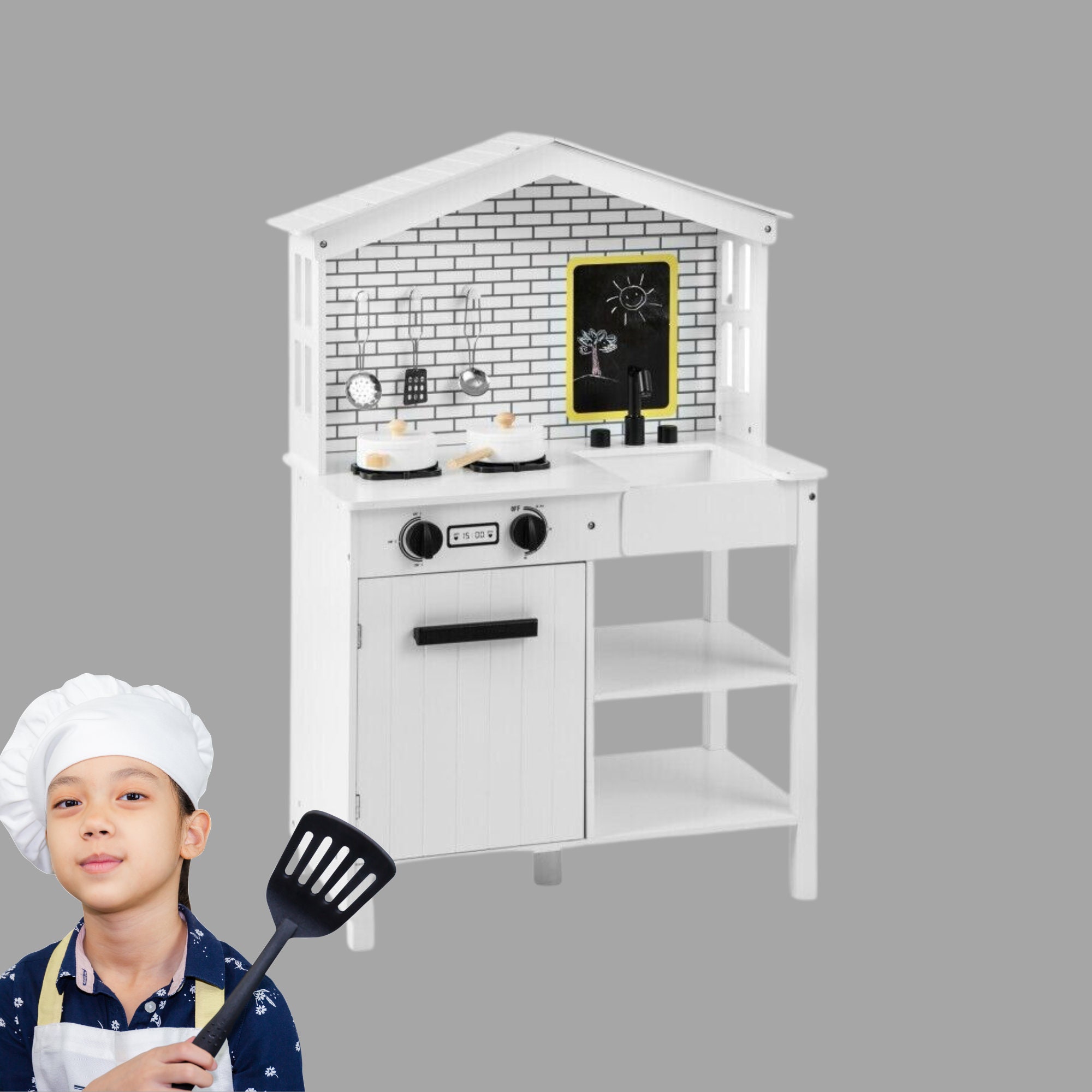 Kids Pretend Play Kitchen, Wood Farmhouse Kitchen Playstand With ...