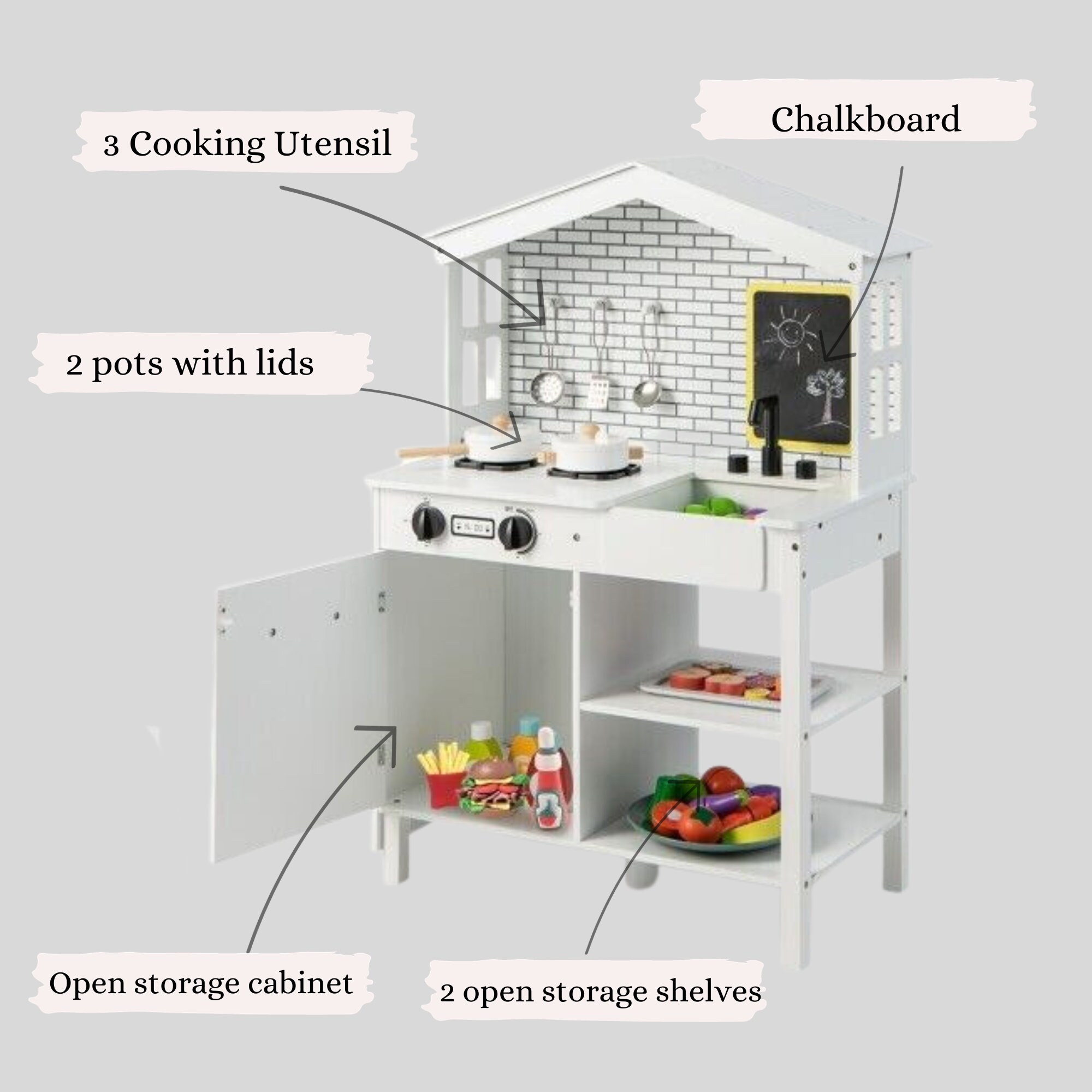 Kids Pretend Play Kitchen, Wood Farmhouse Kitchen Playstand With ...