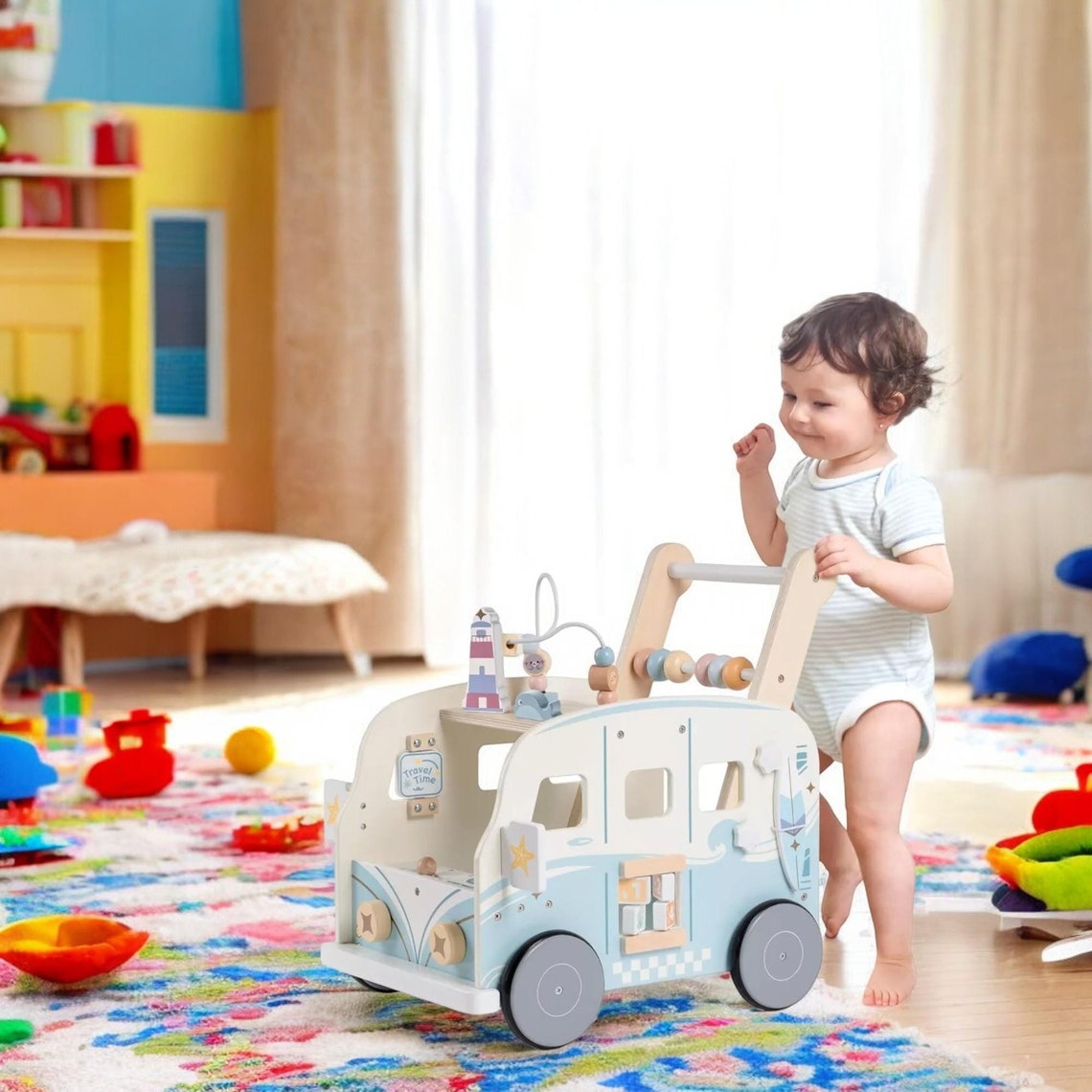 Baby Learning Toys, Wooden Baby Push Walker & Wagon, Baby First ...