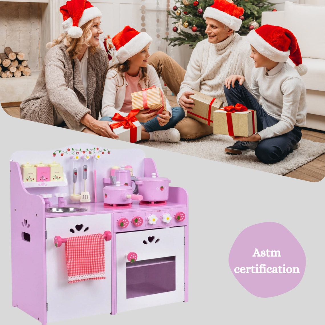Pretend Play Kitchen, Wood Kids Kitchen Playstand With 13 Kitchen Toys ...