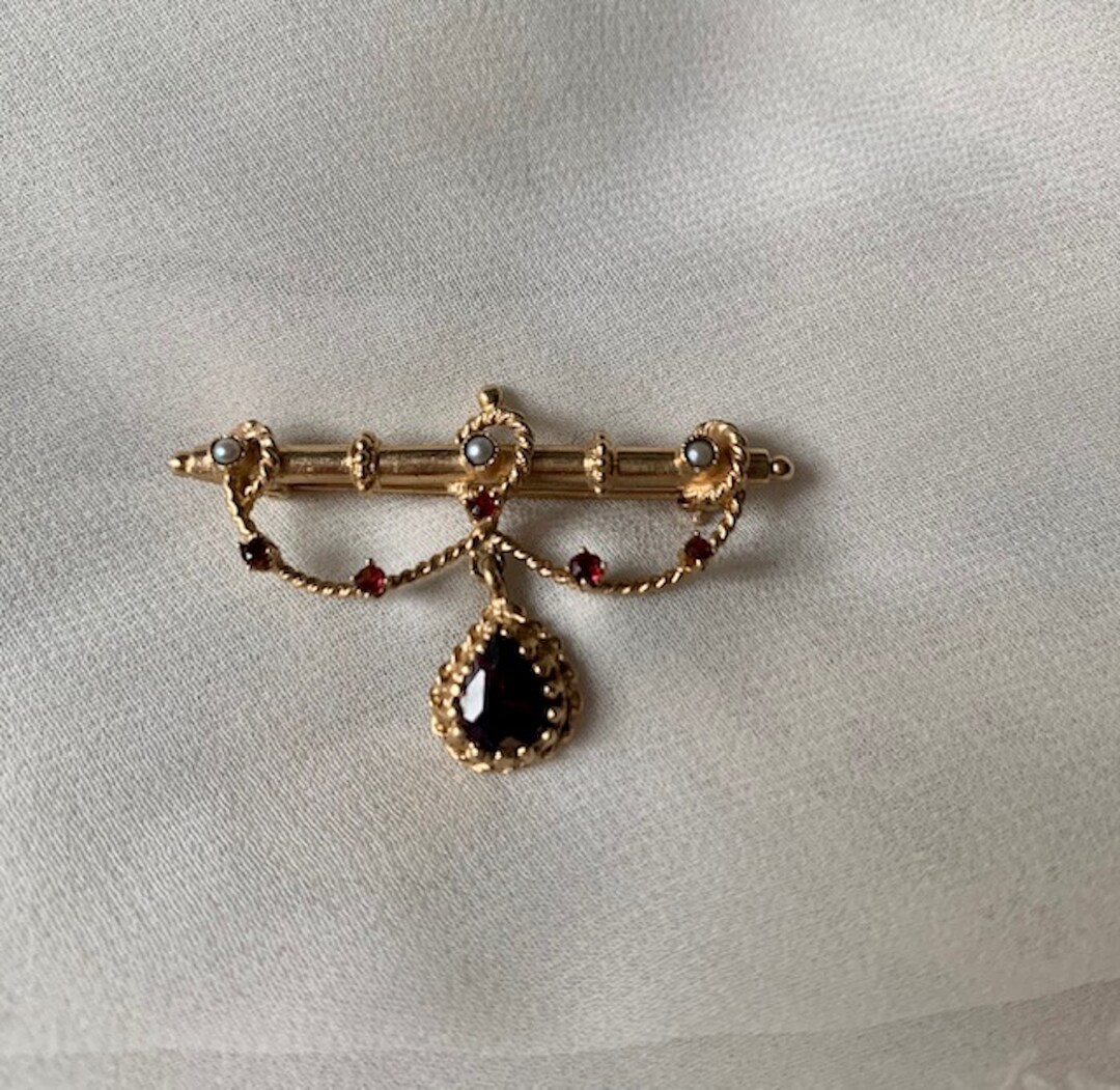 Victorian 14K Gold Garnet & Natural Pearls Pin - Etsy