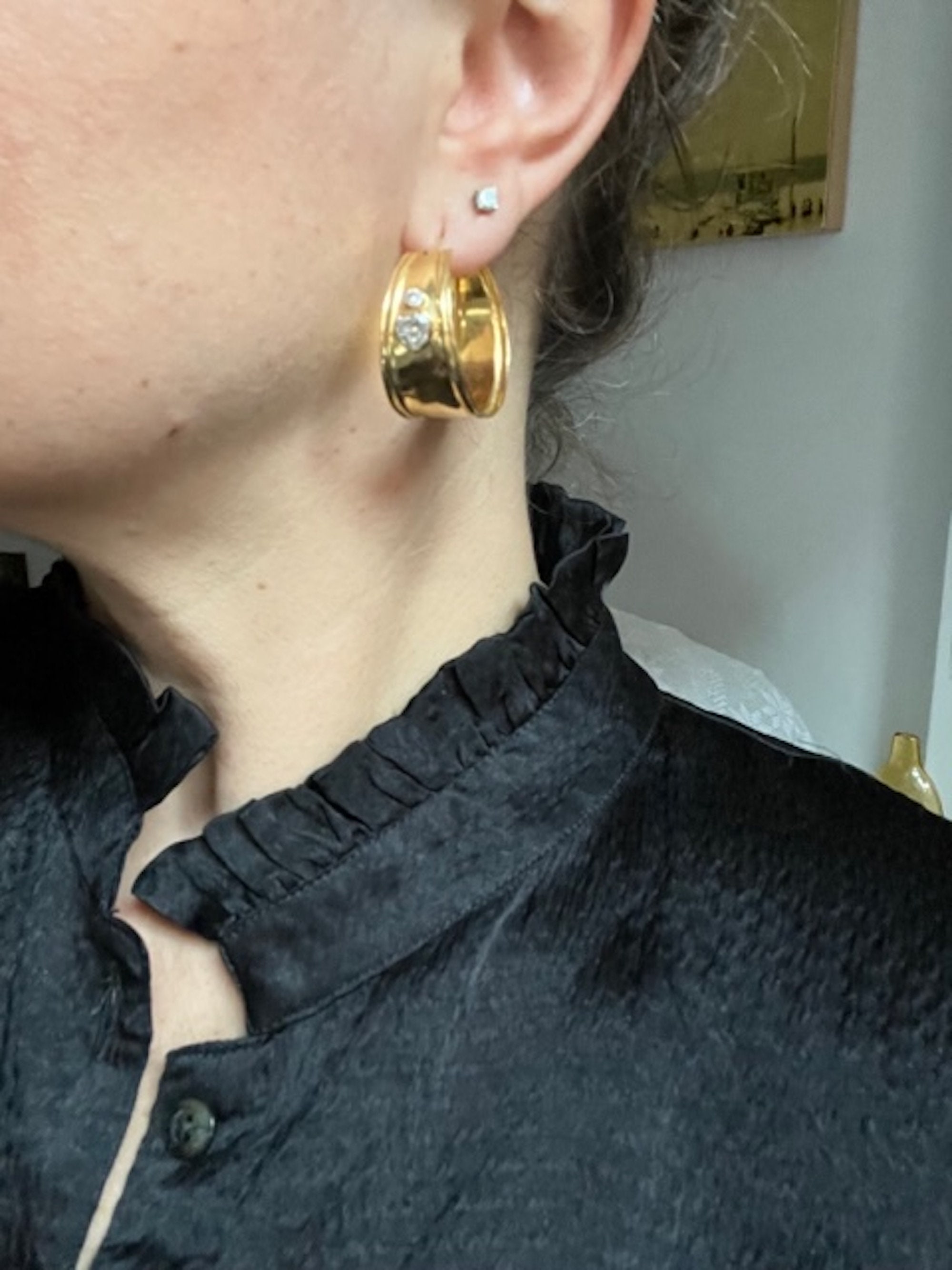 Vintage Italian 18K Gold and Diamonds Hoop Earrings With - Etsy