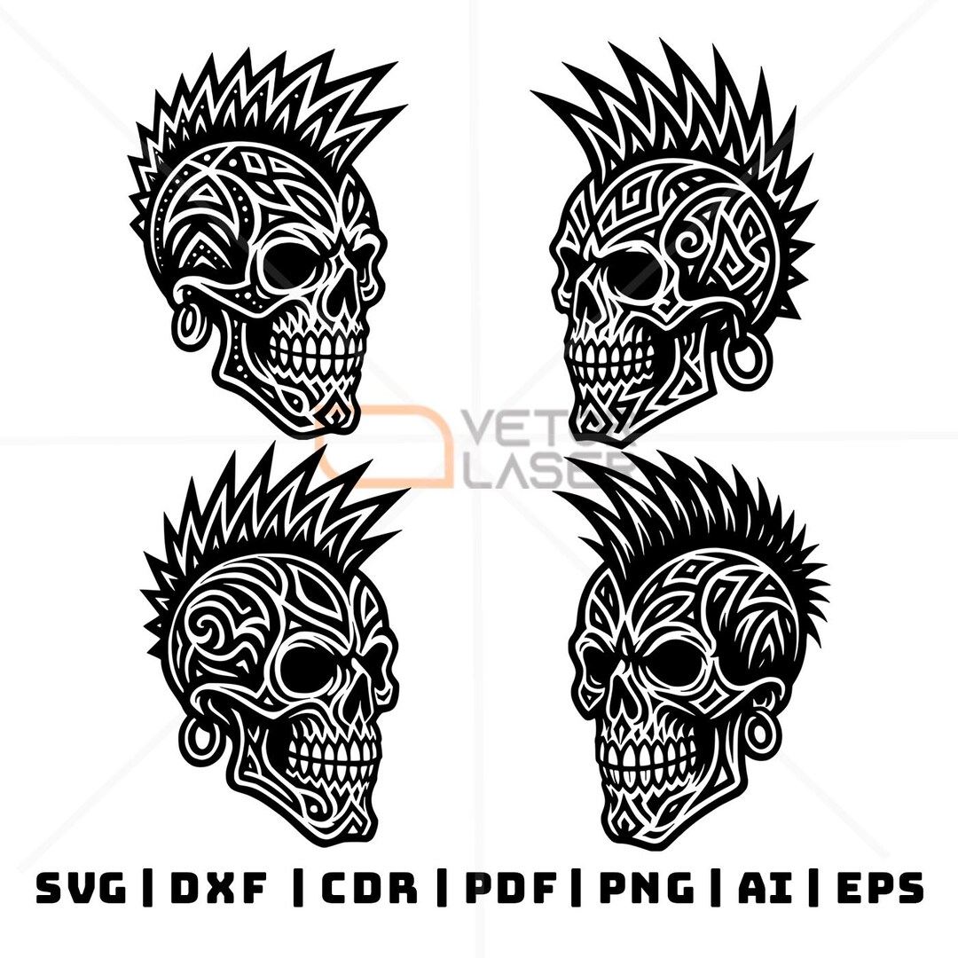 Skull SVG Mohawk Punk Rock Vector File Dxf Ai Cdr Eps Png Pdf - Etsy