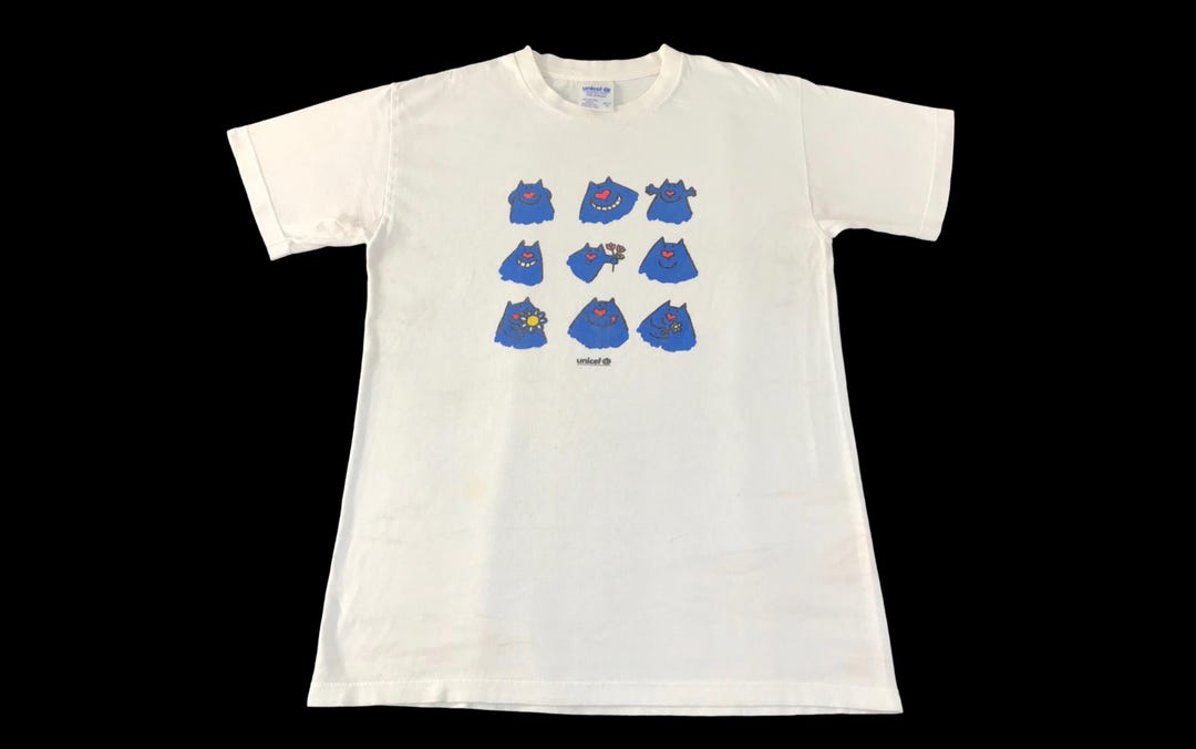Vintage 90s Unicef Agostino Traini Blue Monster Logo Printed Tee T ...